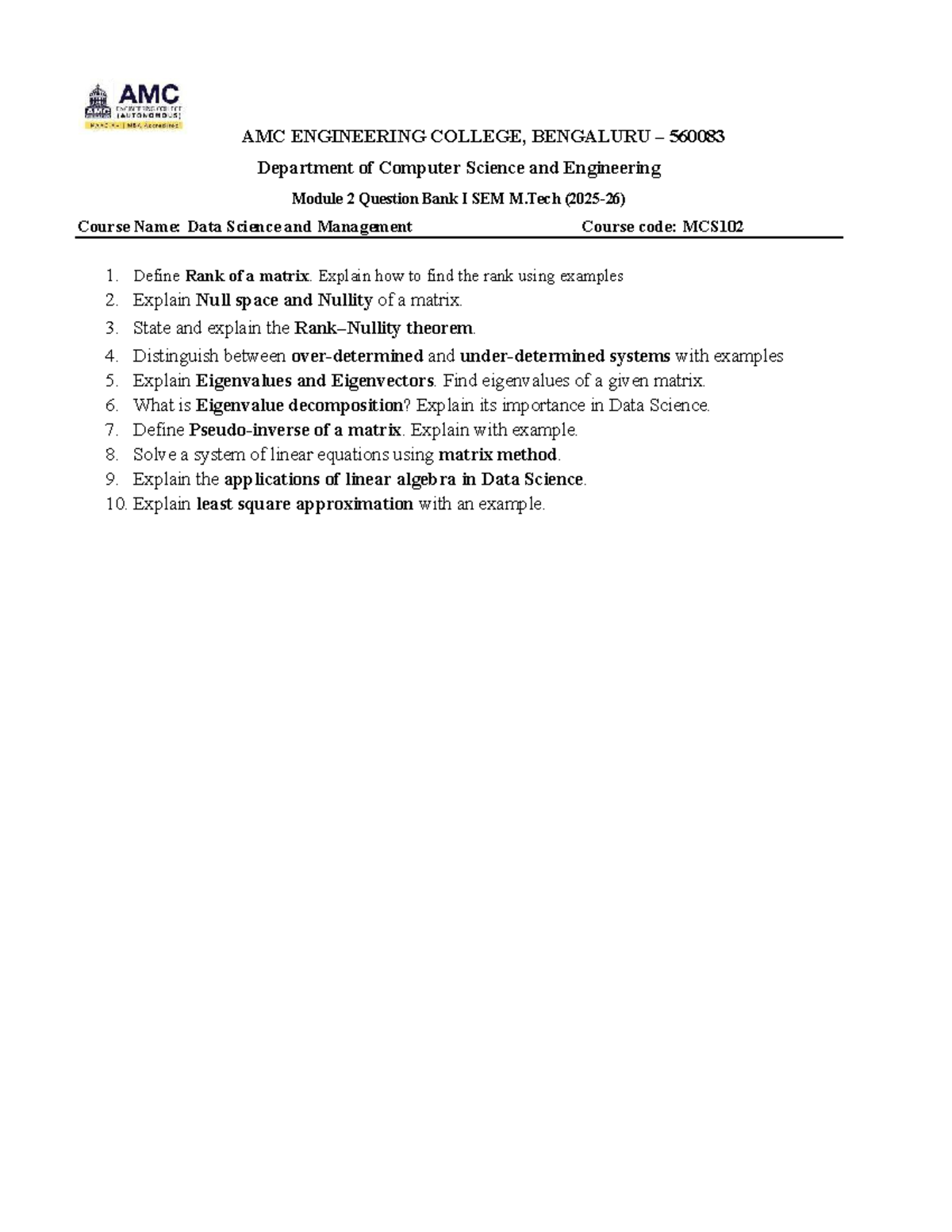 MCS102 Module 2 Question Bank - Data Science Notes - Studocu