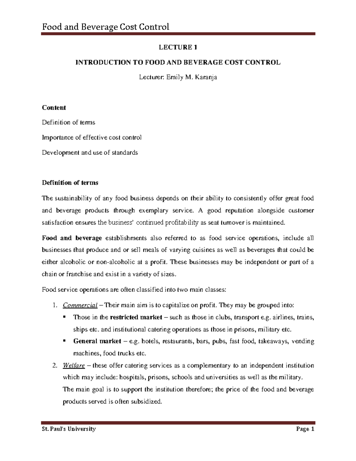 HM-301 Food and Beverage Cost Control - Lecture 1 Overview - Studocu