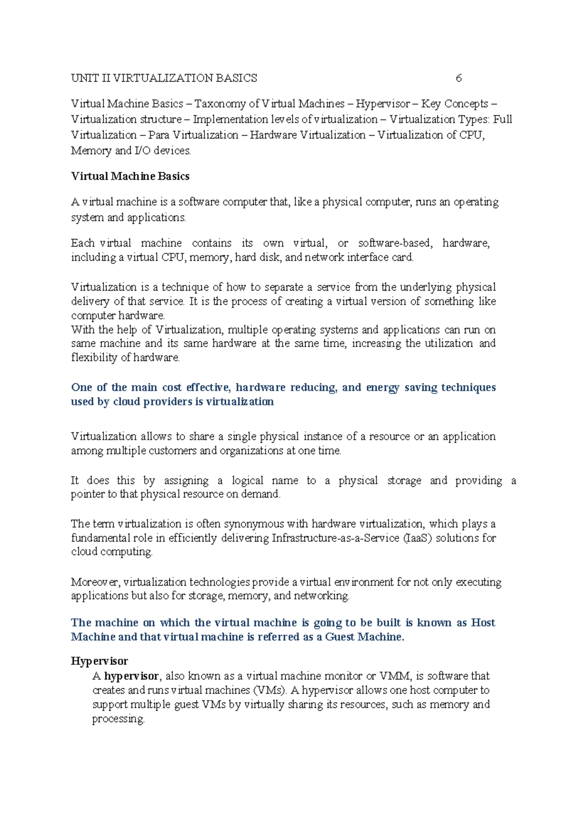 UNIT II Virtualization Basics: Understanding VMs & Hypervisors - Studocu