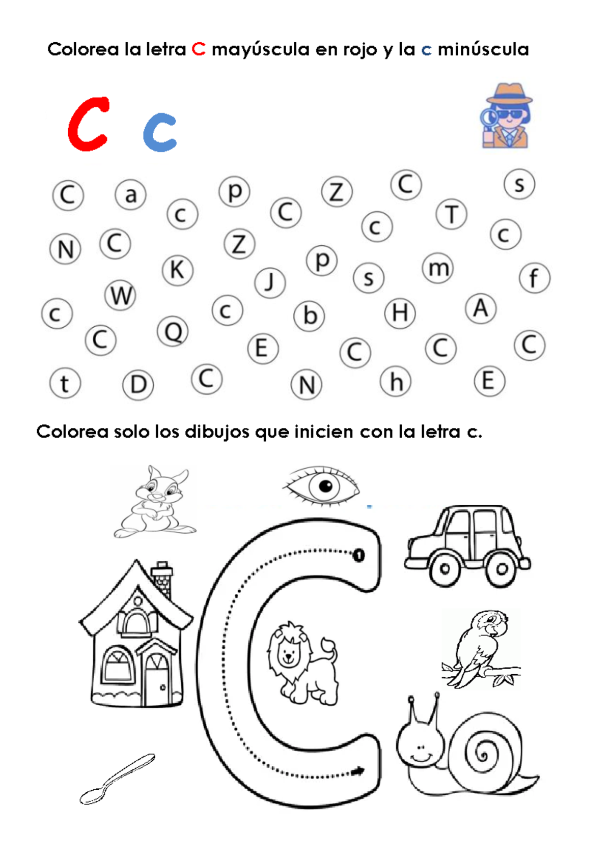 Actividades letra c - español - Colorea solo los dibujos que inicien ...