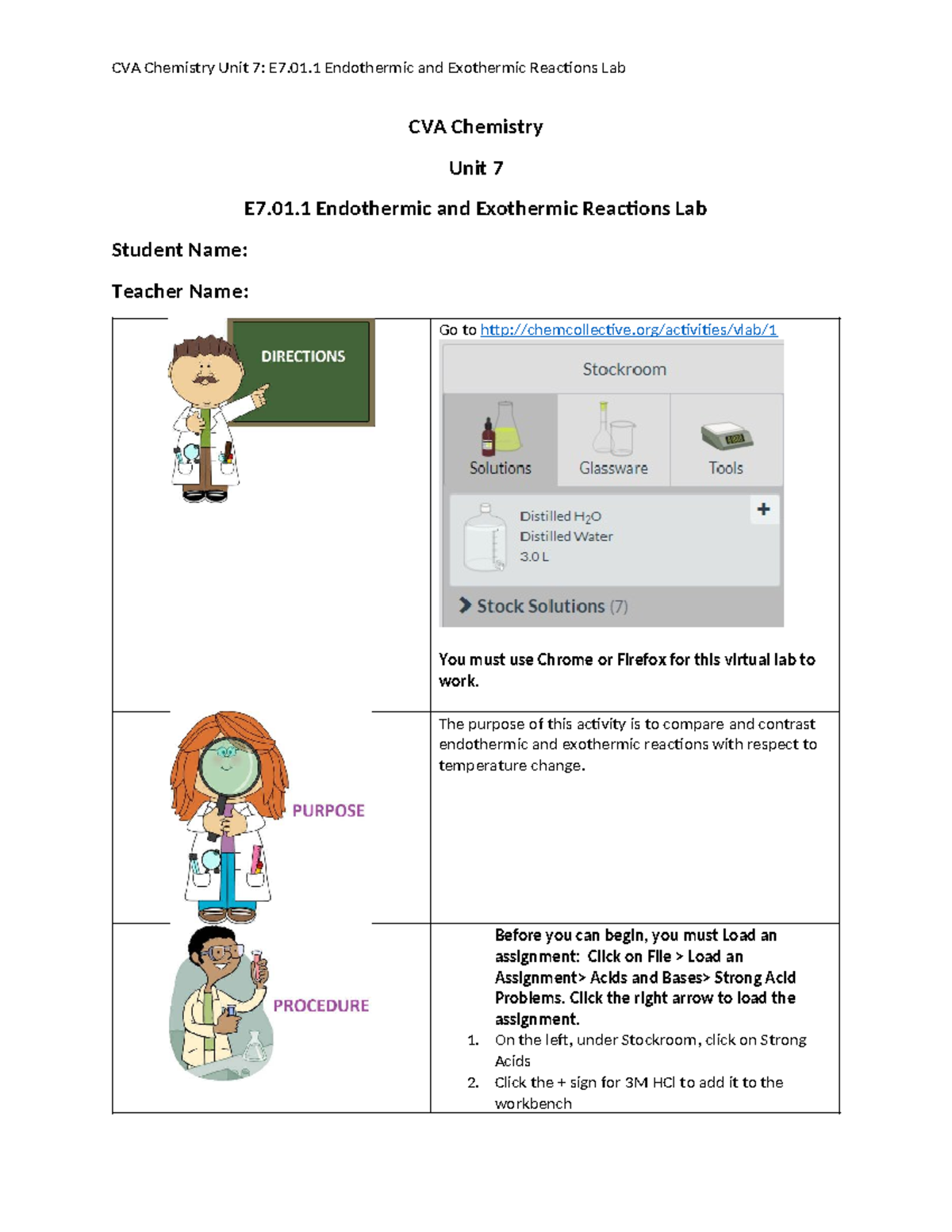 E7.01 Endothermic & Exothermic Reactions Lab Instructions - Studocu