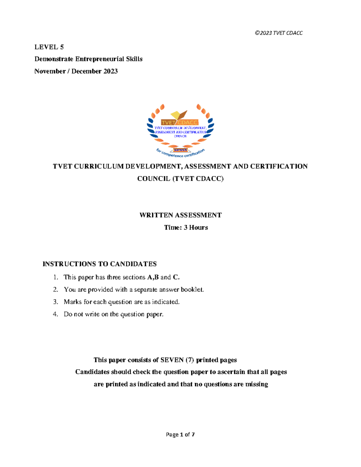 Final Exam: Demonstrating Entrepreneurial Skills - Level 5 (TVET) - Studocu