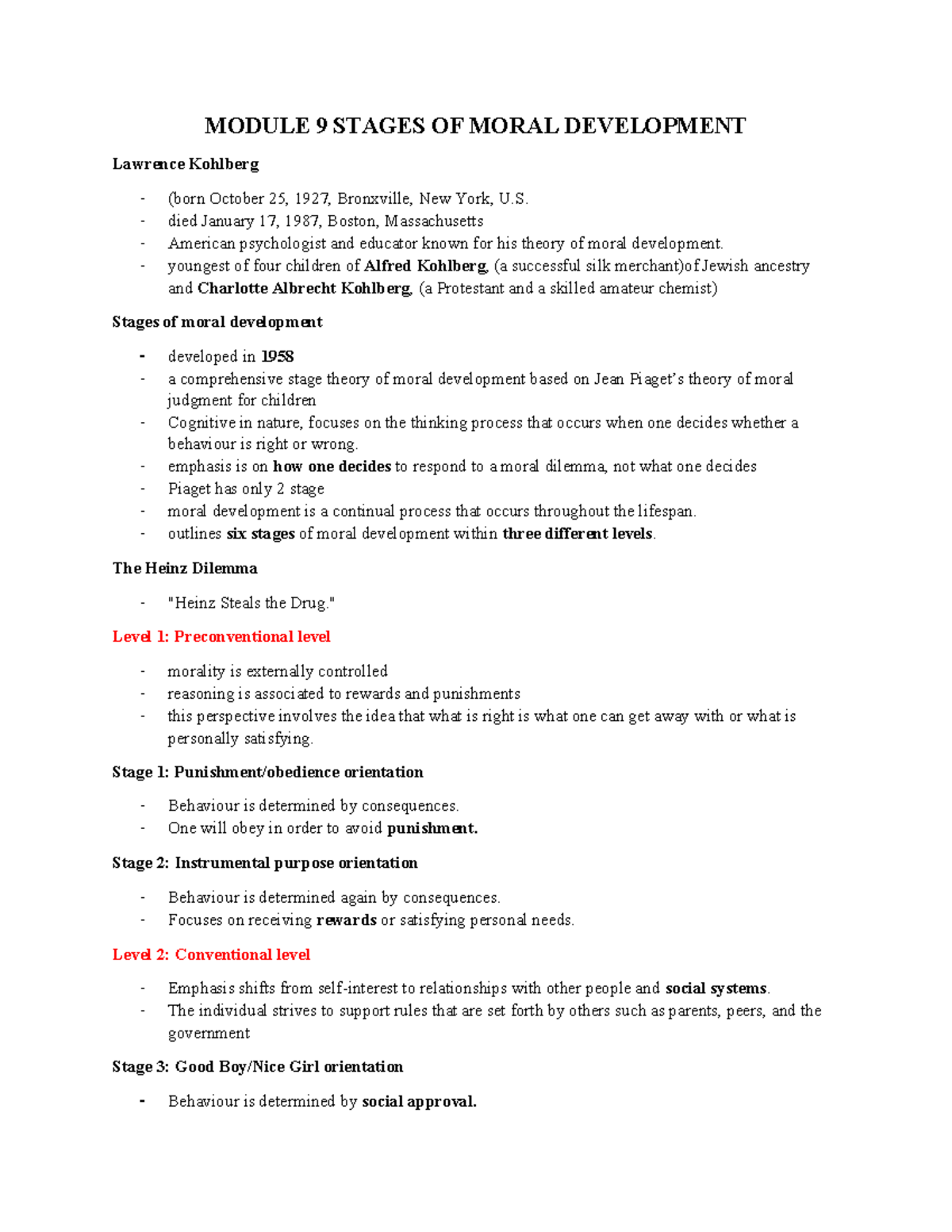 MODULE 9-11: Stages of Moral Development & Ethics Insights - Studocu