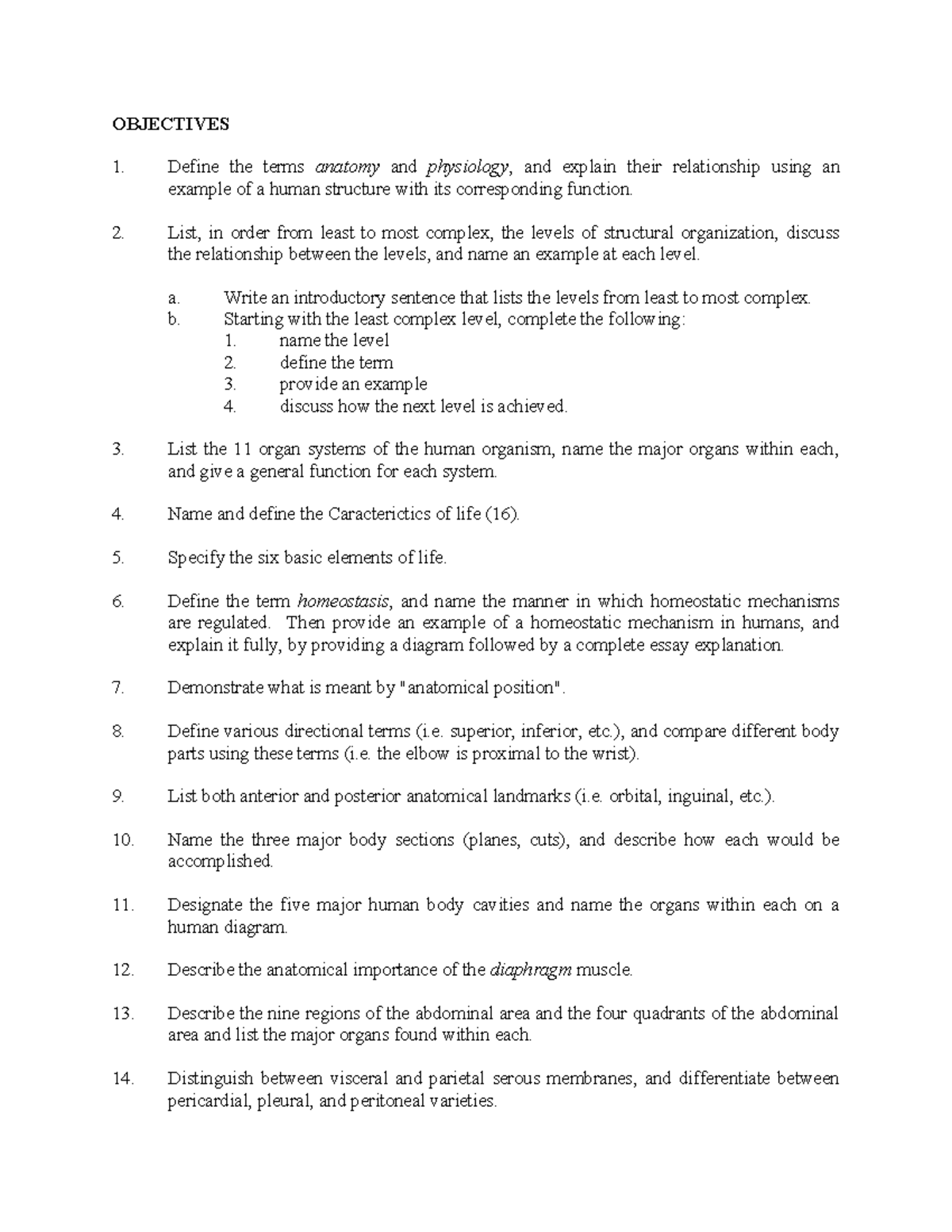 Chapter 1 Objectives: Intro to Human Anatomy & Physiology-1 - Studocu
