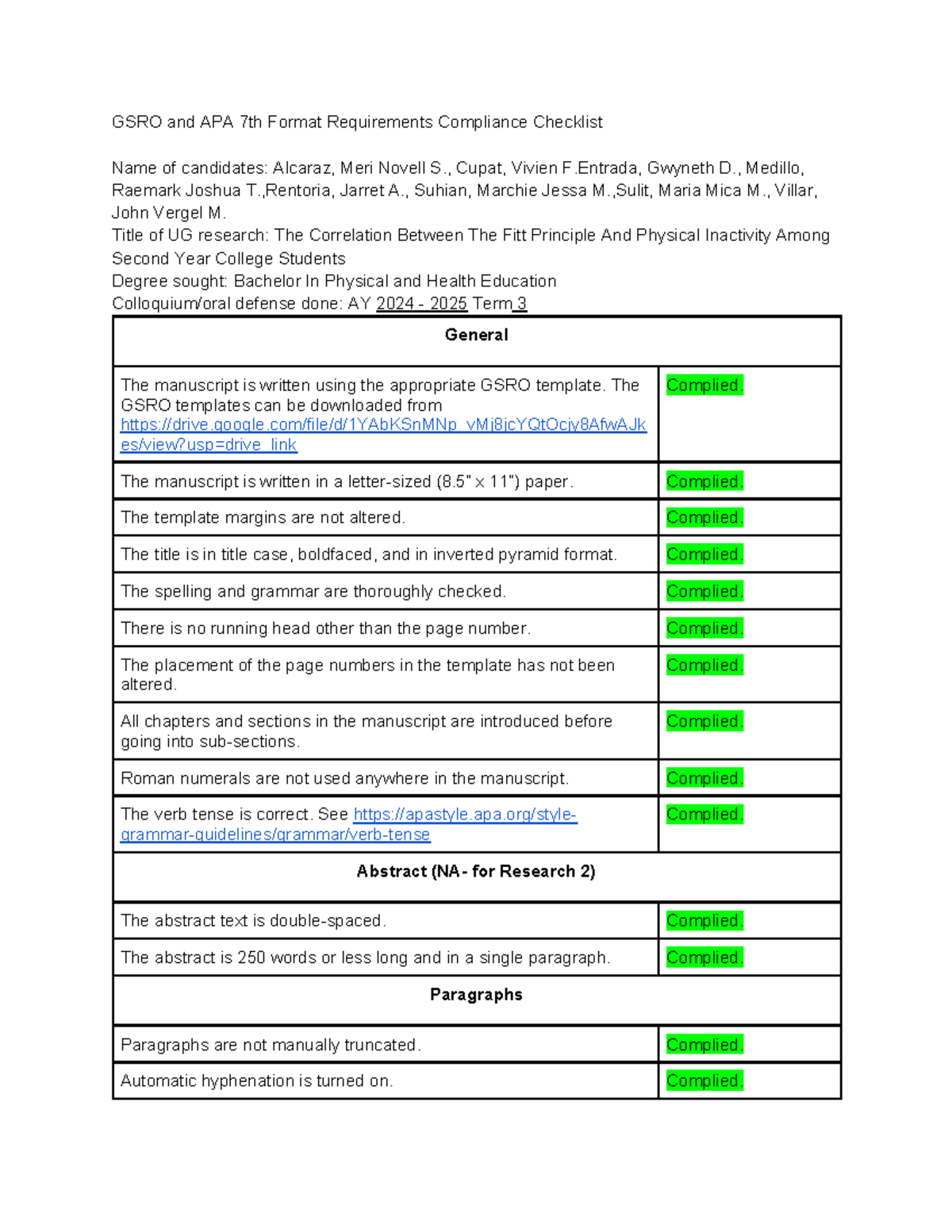 GSRO & APA 7th Format Compliance Checklist for UG Research - Studocu