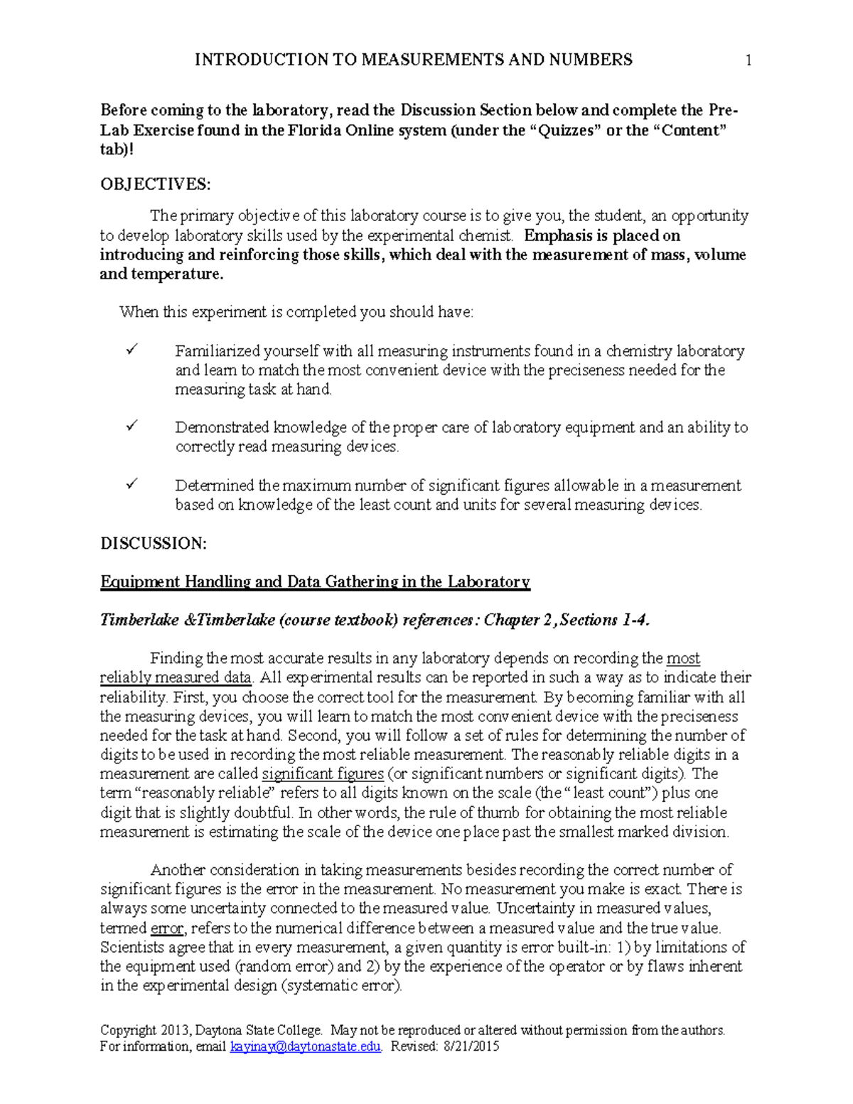 Introto Chem Lab Measurements Post Lab Report - INTRODUCTION TO ...