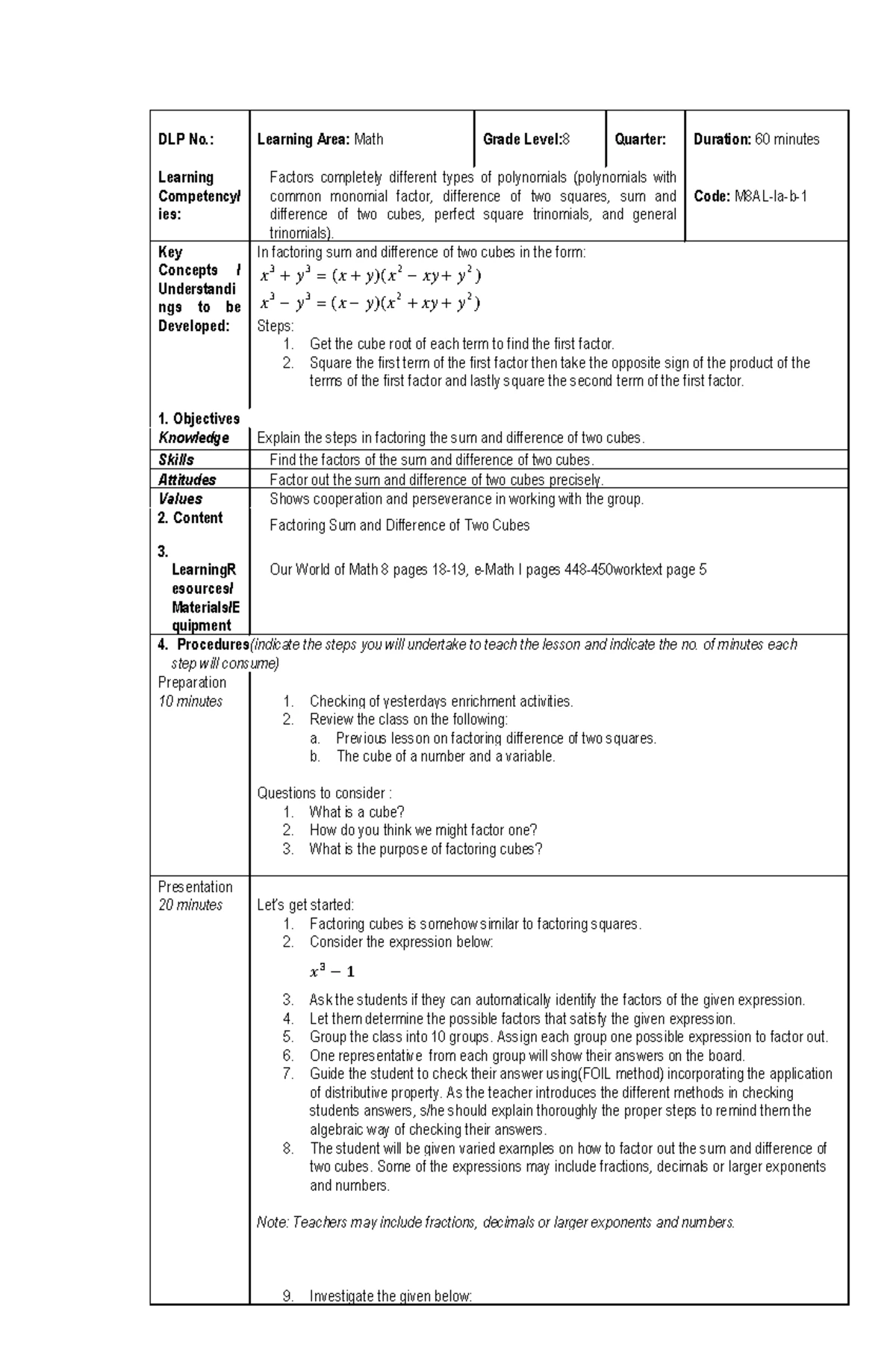 DLP4 Math 8 Q1: Lesson Plan on Factoring Perfect Square Trinomials ...