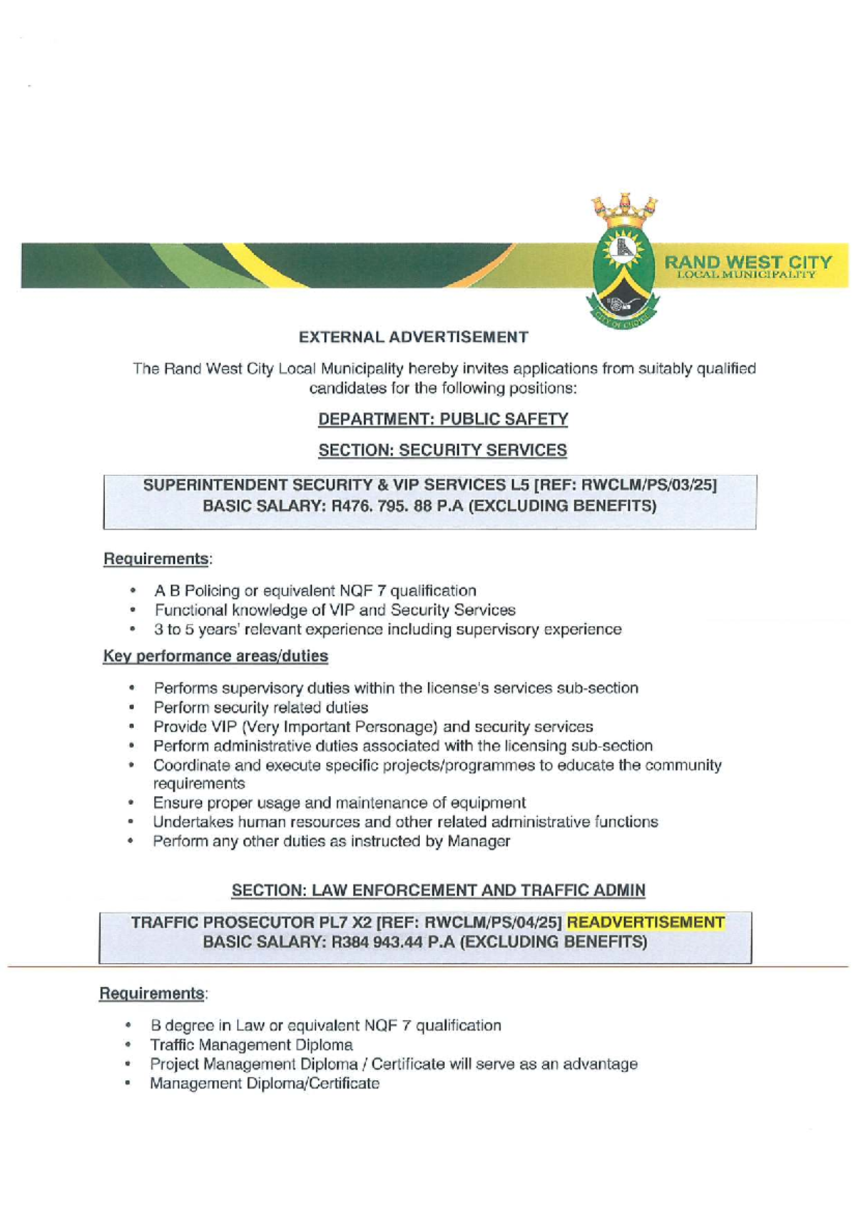 RAND WEST CITY LOCAL MUNICIPALITY PUBLIC SAFETY JOB ADVERTISEMENT - FEB ...