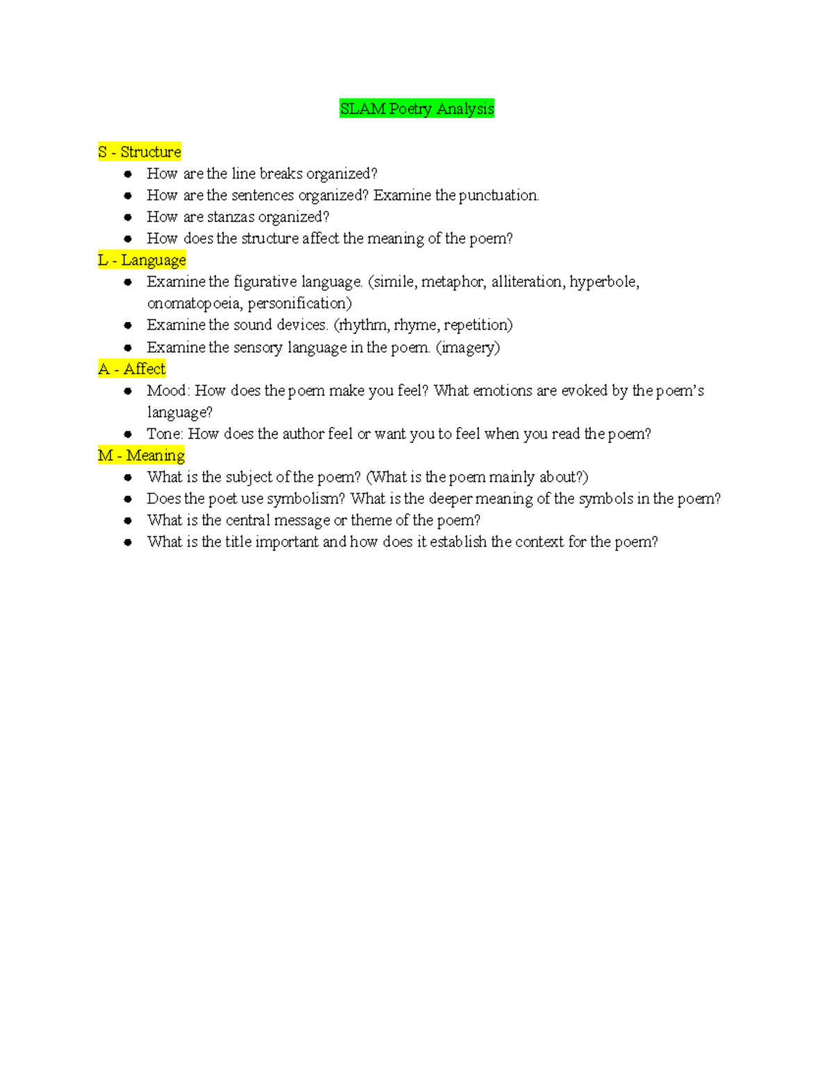 SLAM Poetry Analysis: Structure, Language, Affect, Meaning - Studocu