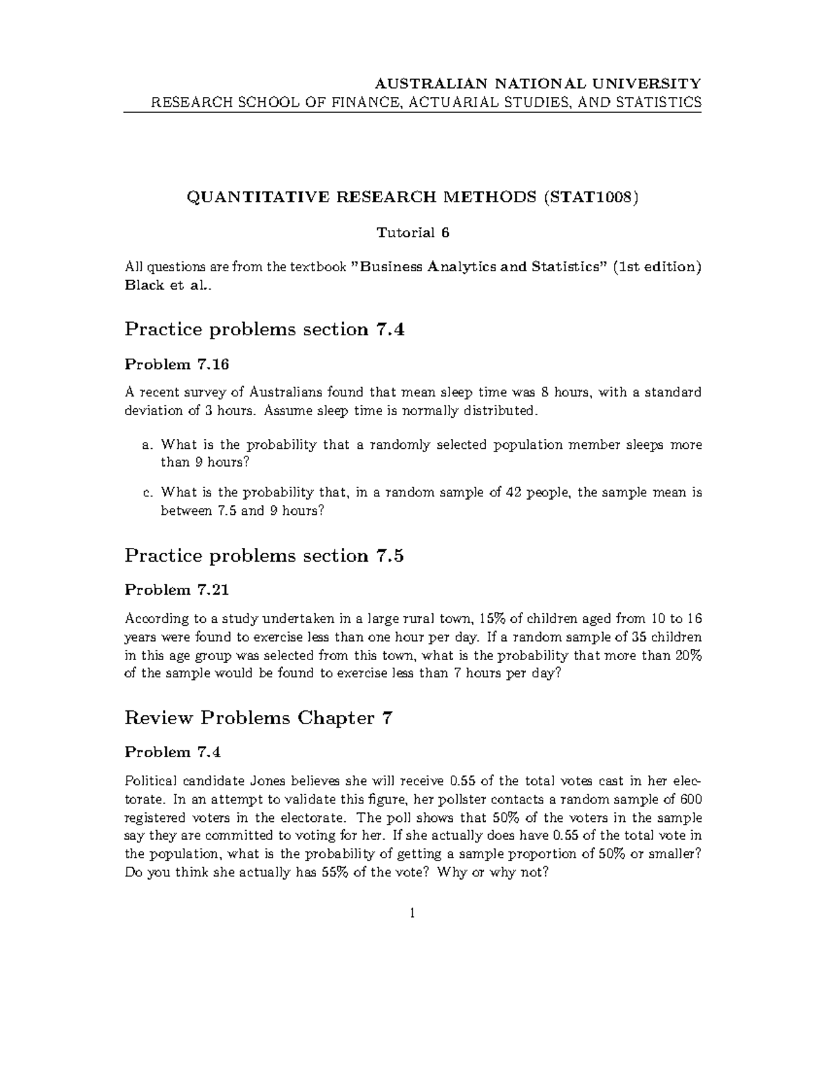 STAT1008 Quantitative Research Methods Tutorial 6 Practice Problems ...