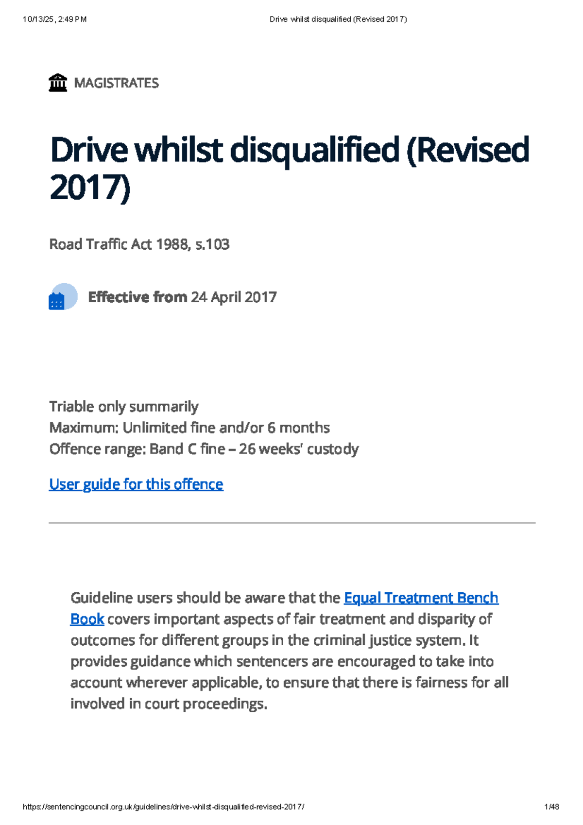 Drive Whilst Disqualified (Revised 2017) - Sentencing Guidelines - Studocu
