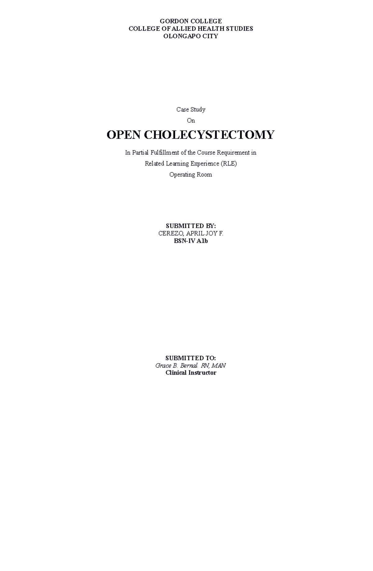 RLE Case Study: Open Cholecystectomy Insights and Techniques - Studocu