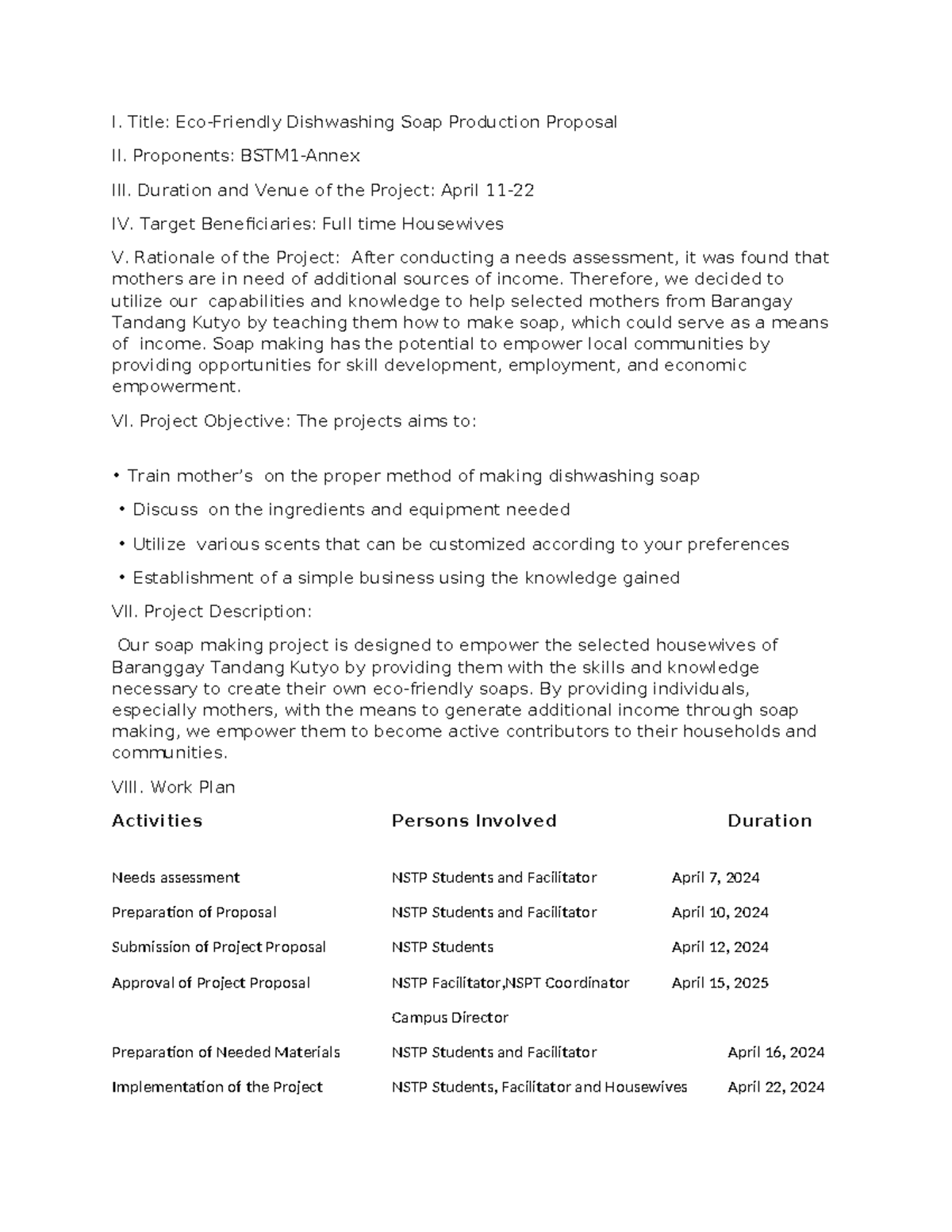 BSTM1 Eco-Friendly Soap-Making Project Proposal for Housewives - Studocu