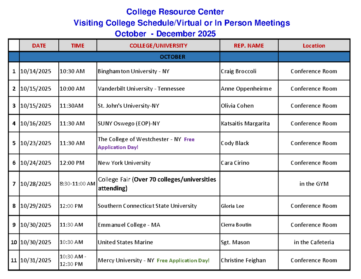 Visiting College Schedule (101425) for October-December 2025 - Studocu
