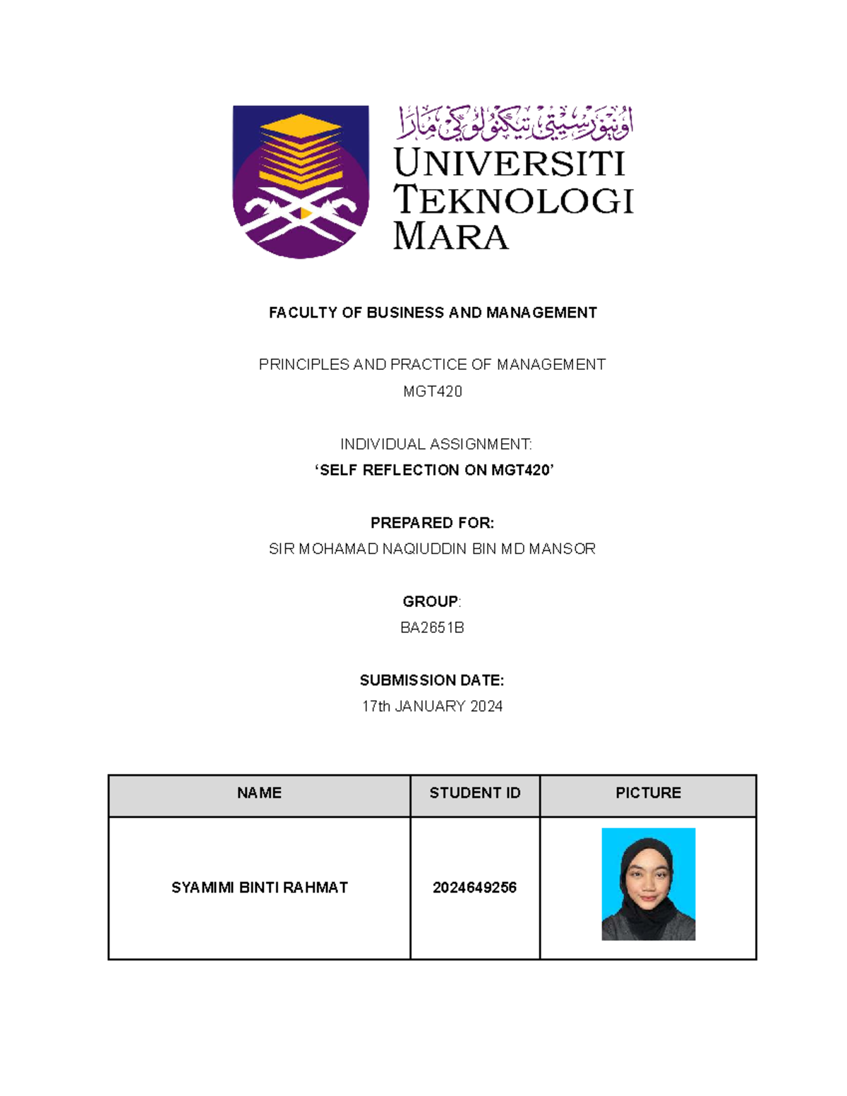 Individual Assignment MGT420 - FACULTY OF BUSINESS AND MANAGEMENT ...