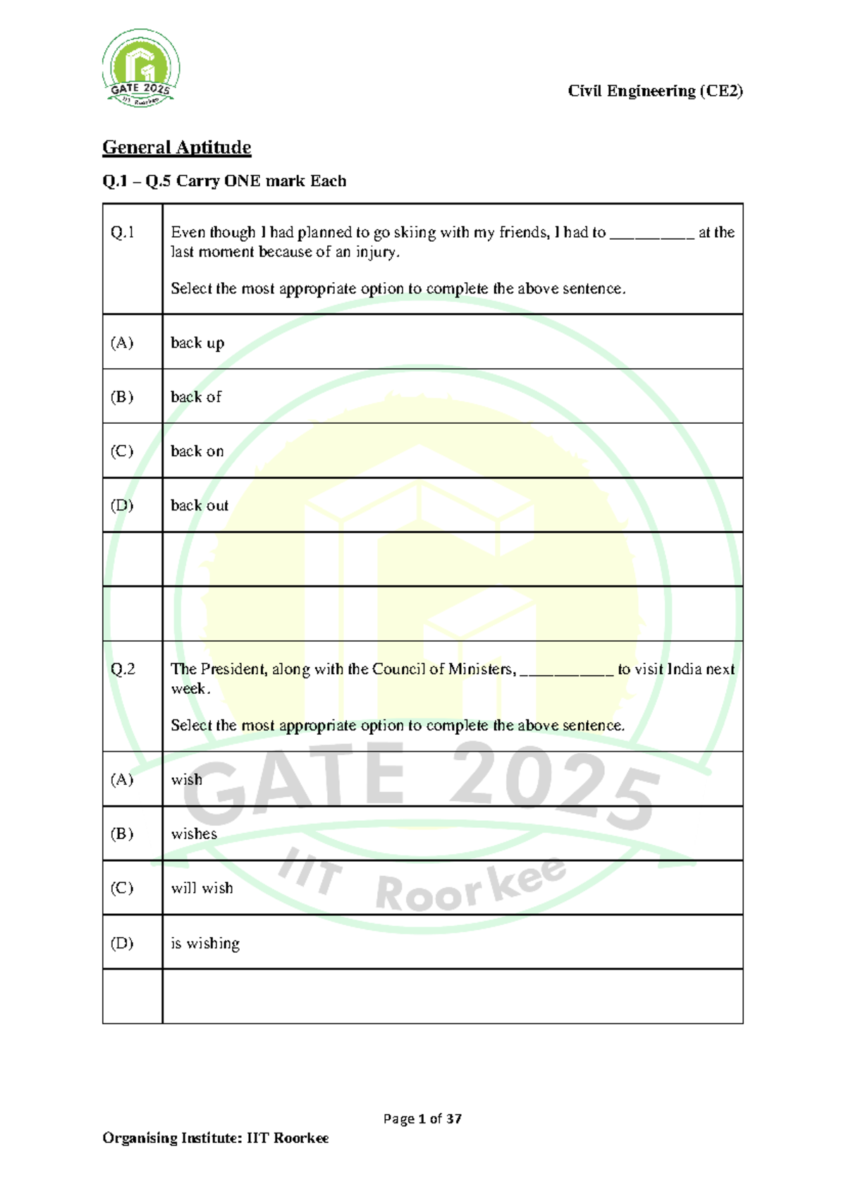 Civil Engineering (CE2) General Aptitude Questions 1-35 - Studocu