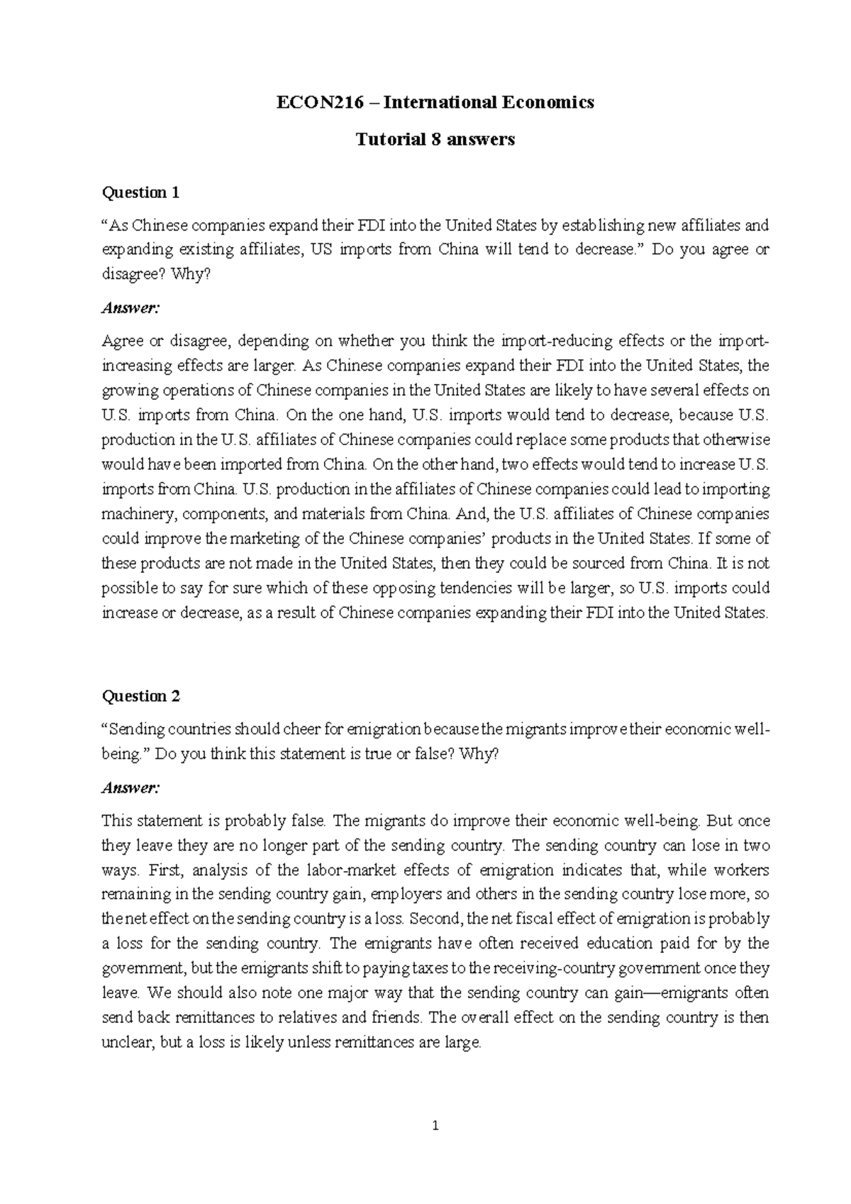 Tutorial 8 answers - 1 ECON216 – International Economics Tutorial 8 ...
