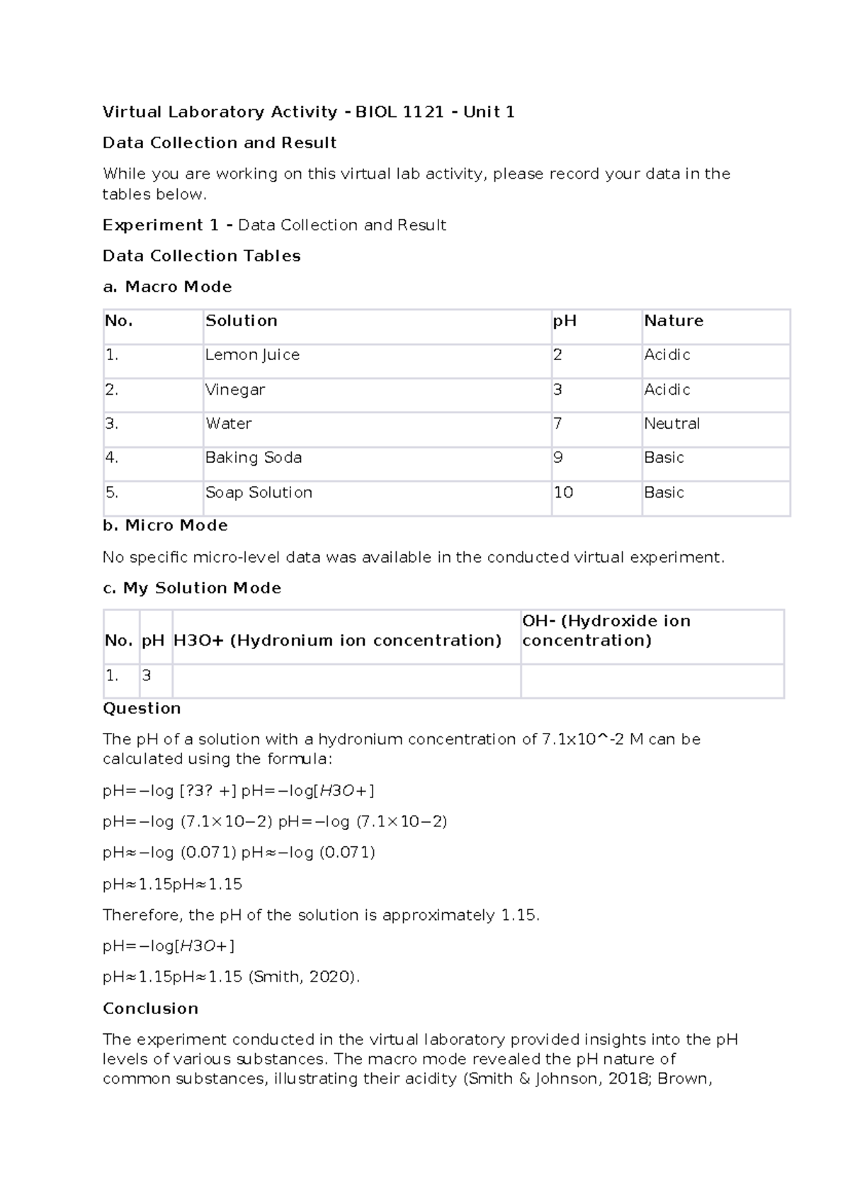 Virtual Lab Activity Report - BIOL 1121 - Unit 1: pH Analysis - Studocu