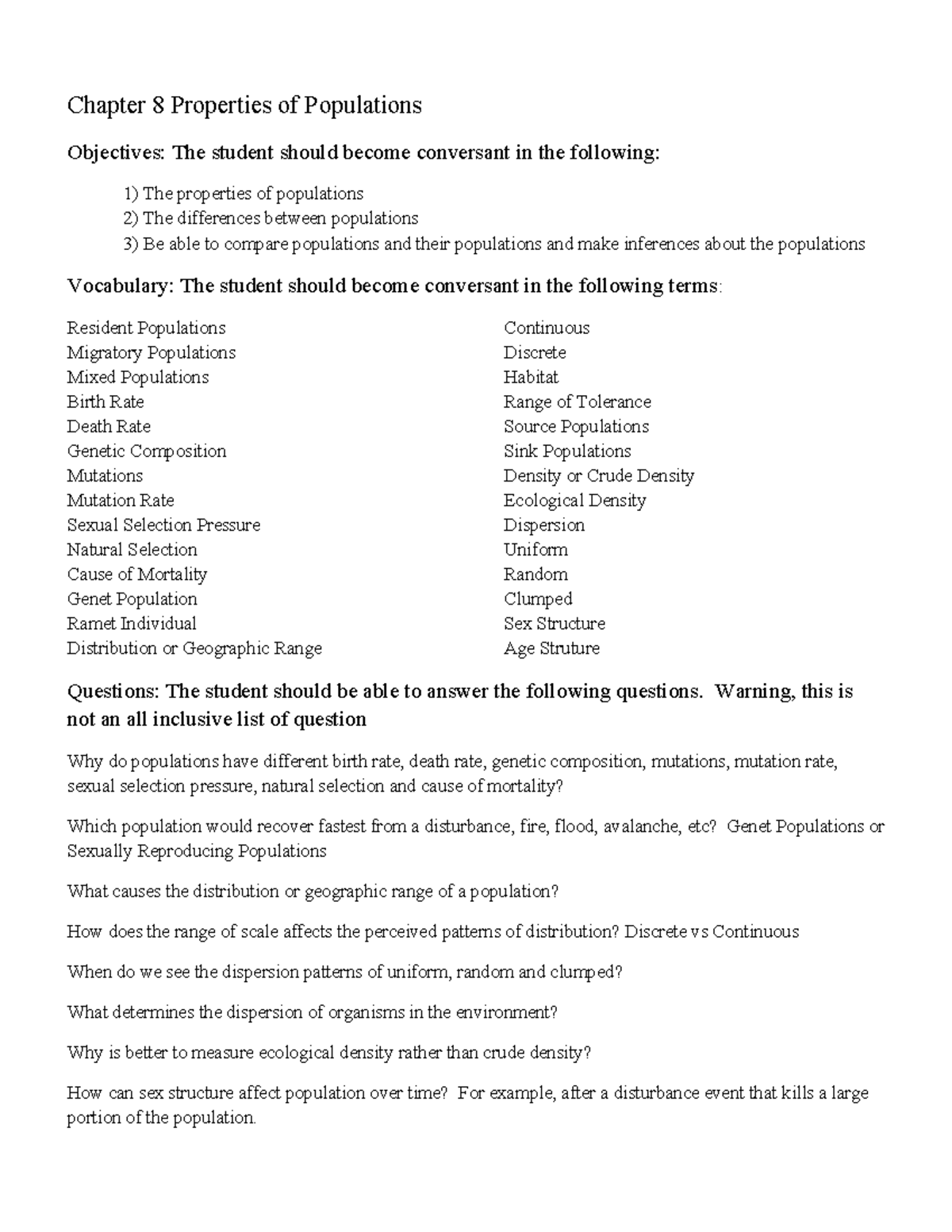 Chapter 8: Properties of Populations - Key Concepts & Objectives - Studocu