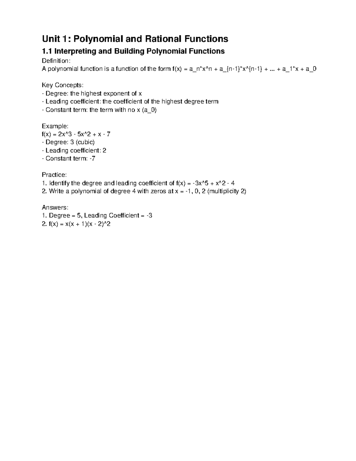 AP Precalculus Unit 1: Polynomial & Rational Functions Review - Studocu