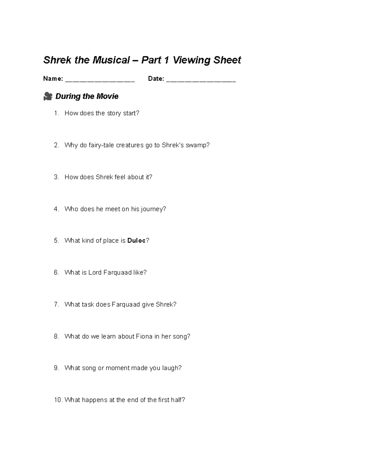 Shrek the Musical Part 1 Viewing Sheet: Key Questions & Insights - Studocu
