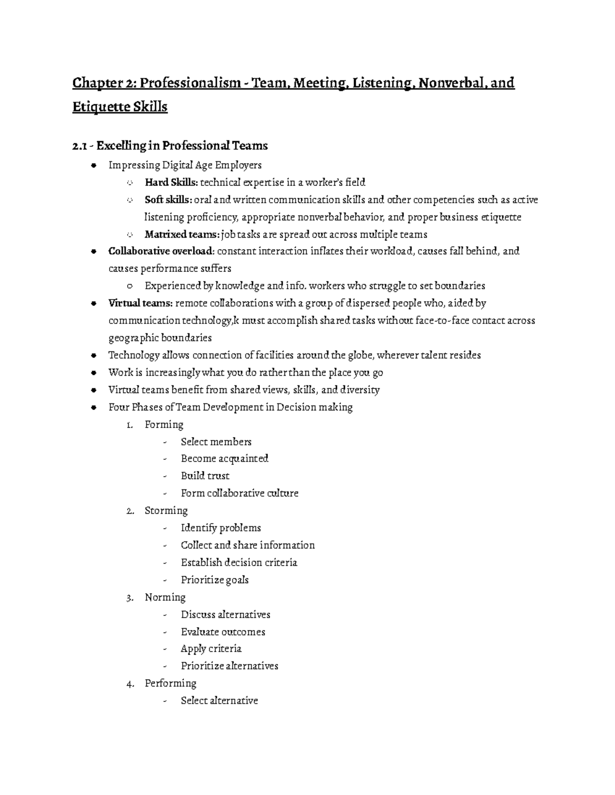 BUAD 201: Chapter 2 - Professionalism in Teams & Meetings Skills - Studocu