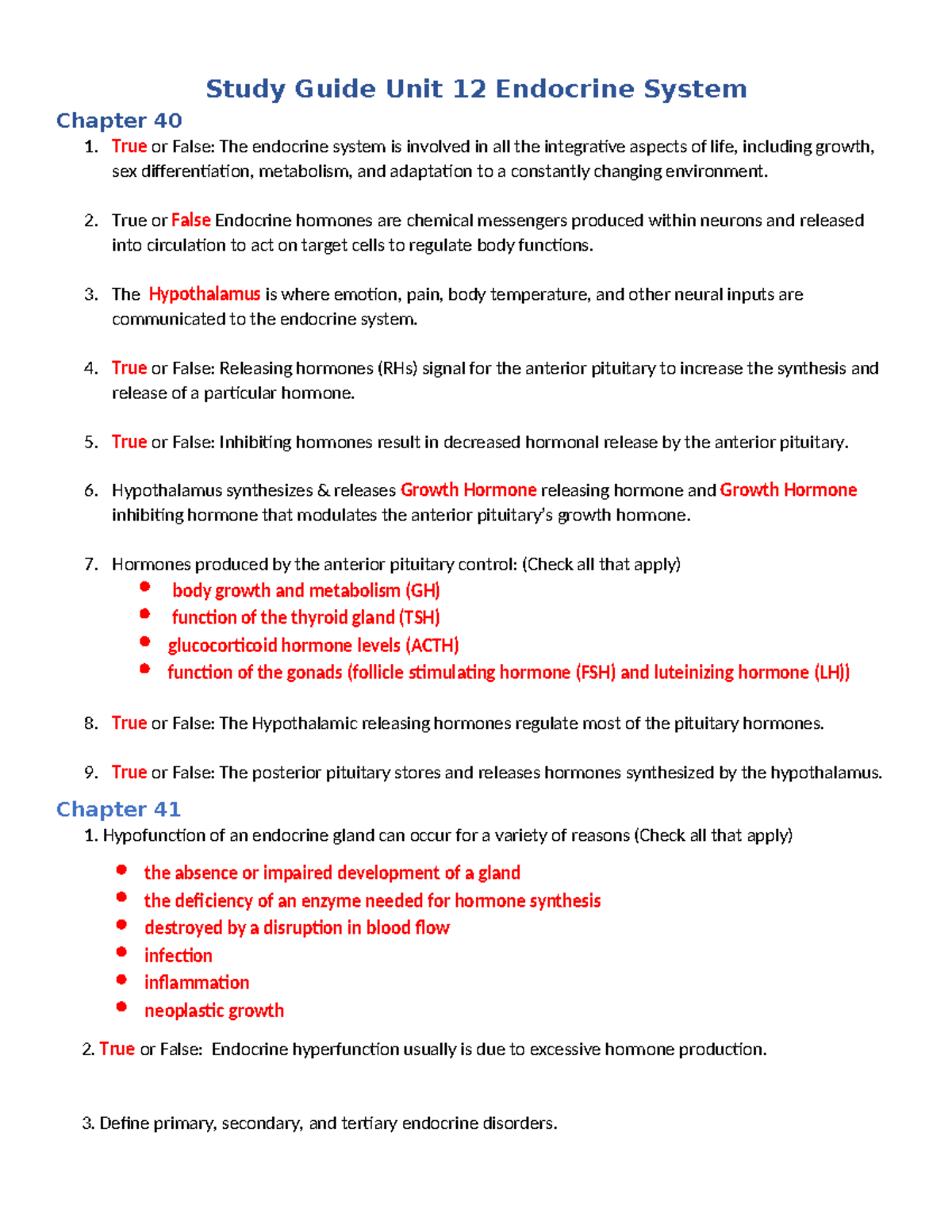 Unit 12 Endocrine System Study Guide - Final Exam Prep by Wissmar - Studocu