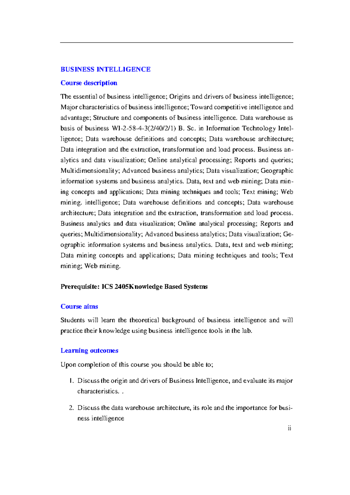 Business Intelligence full notes - ii Course description The essential ...