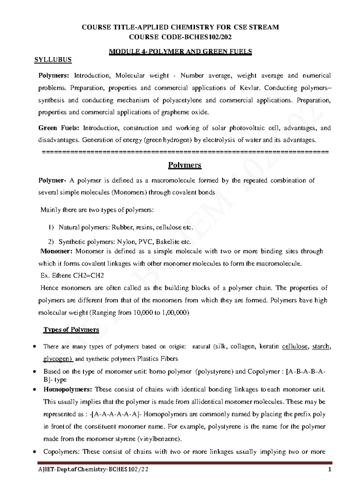 Module 4: Polymers and Green Fuels in BCHES102 Course - Studocu