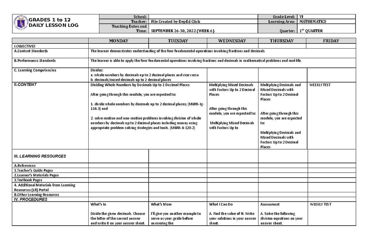 DLL Mathematics 6 Q1 W6 - A daily lesson log. - GRADES 1 to 12 DAILY LESSON LOG School: Grade ...