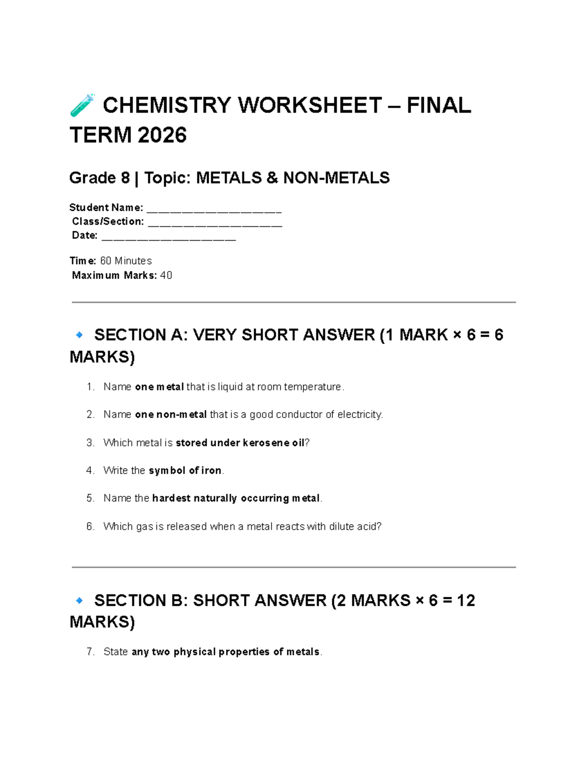 CHEMISTRY WORKSHEET GRADE 8 FINAL TERM 2026: METALS - Studocu