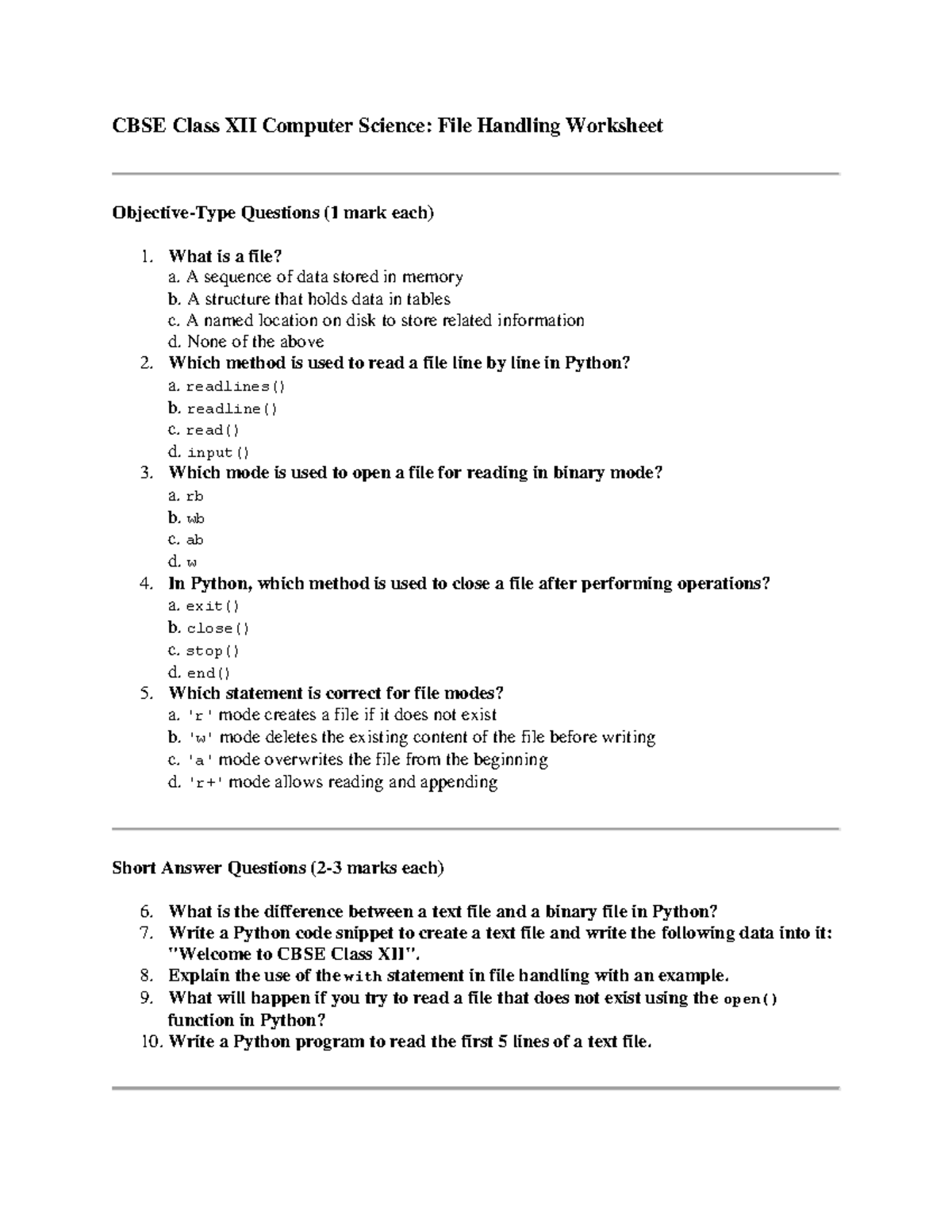 Class XII Computer Science File Handling Worksheet & Questions - Studocu