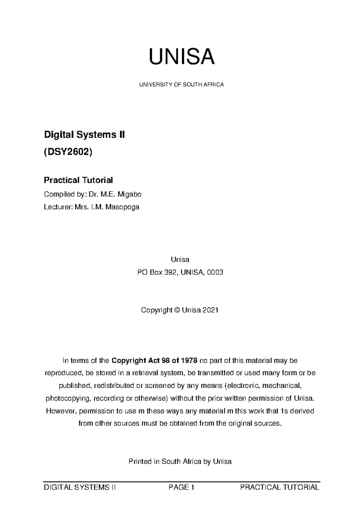 DSY2602 Practical Tutorial: Digital Systems II Laboratory Guide - Studocu