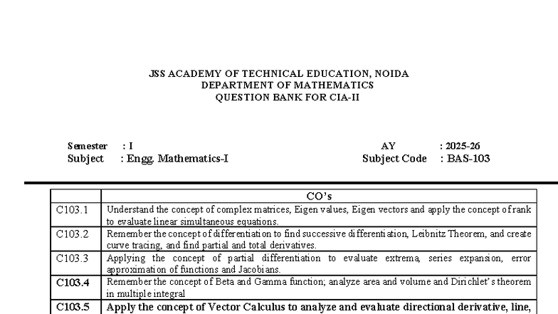 CIA-II Question Bank: Vector Calculus & Complex Matrices - Studocu