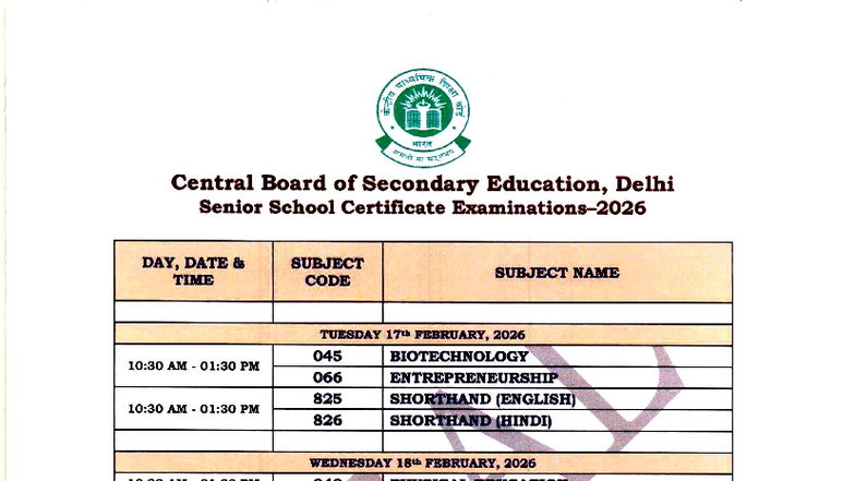CBSE 12th Date Sheet for February-March 2026 Exams - Studocu