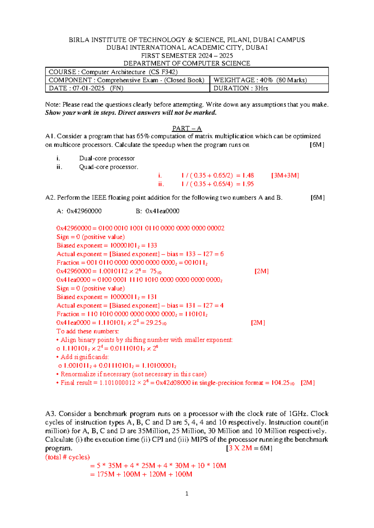 Comprehensive Exam Solutions for CS F342 - Computer Architecture (CA24 ...