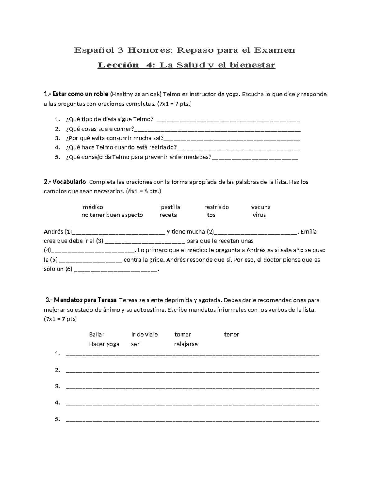 L4 Repaso Examen Final Español 3 Honores: Salud y Bienestar - Studocu