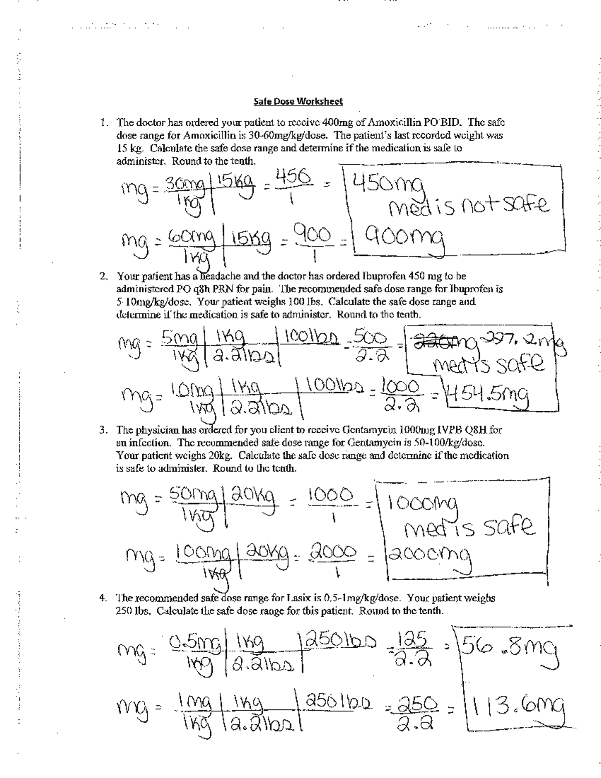 Safe Dose worksheet key - Safe Dose Worksheet 1. The doctor has ordered ...