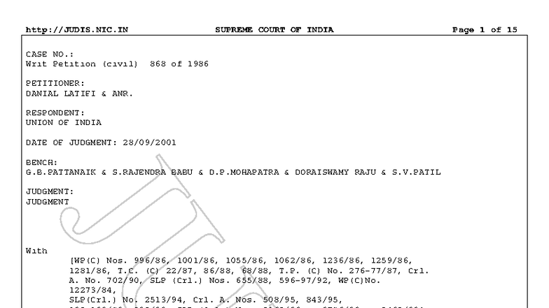 CASE NO. Writ Petition (Civil) 868 of 1986: Daniel Latifi vs. Union of ...