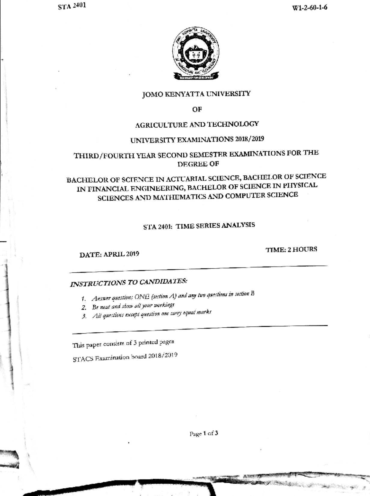 STA 2401: Time Series Analysis Exam Notes - Kenyatta University - Studocu