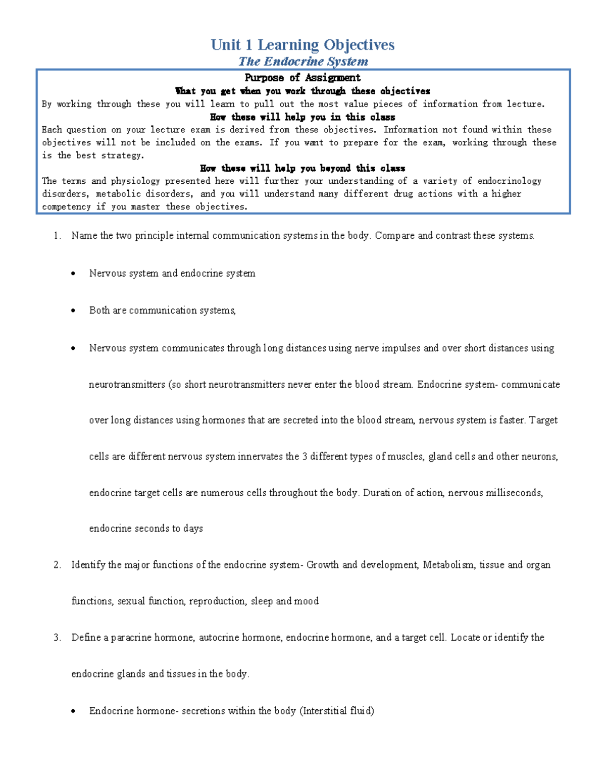 Unit 1 Learning Objectives: The Endocrine System (Course 18) - Studocu