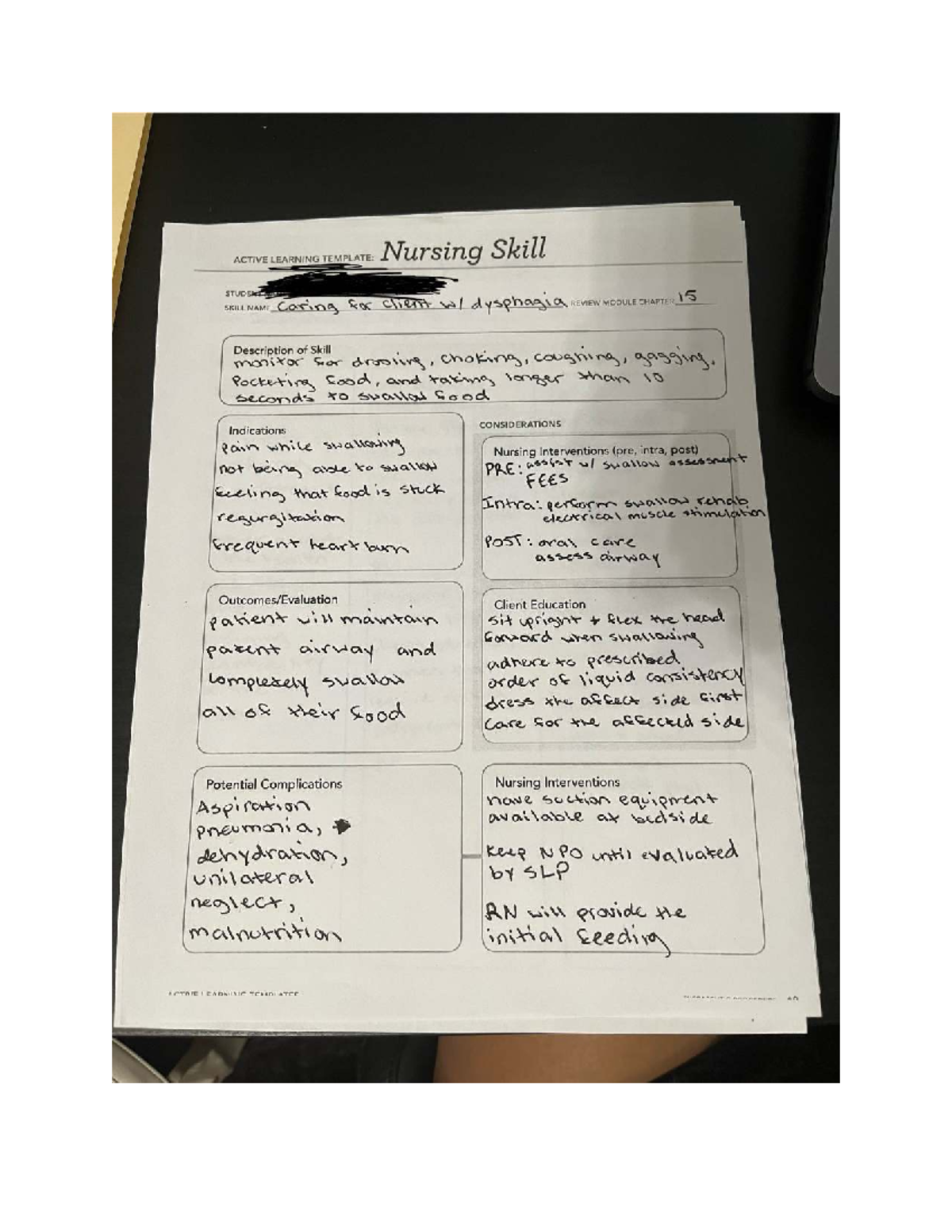 ACTIVE LEARNING TEMPLATE: Nursing Skill - Dysphagia Care (CH 15) - Studocu