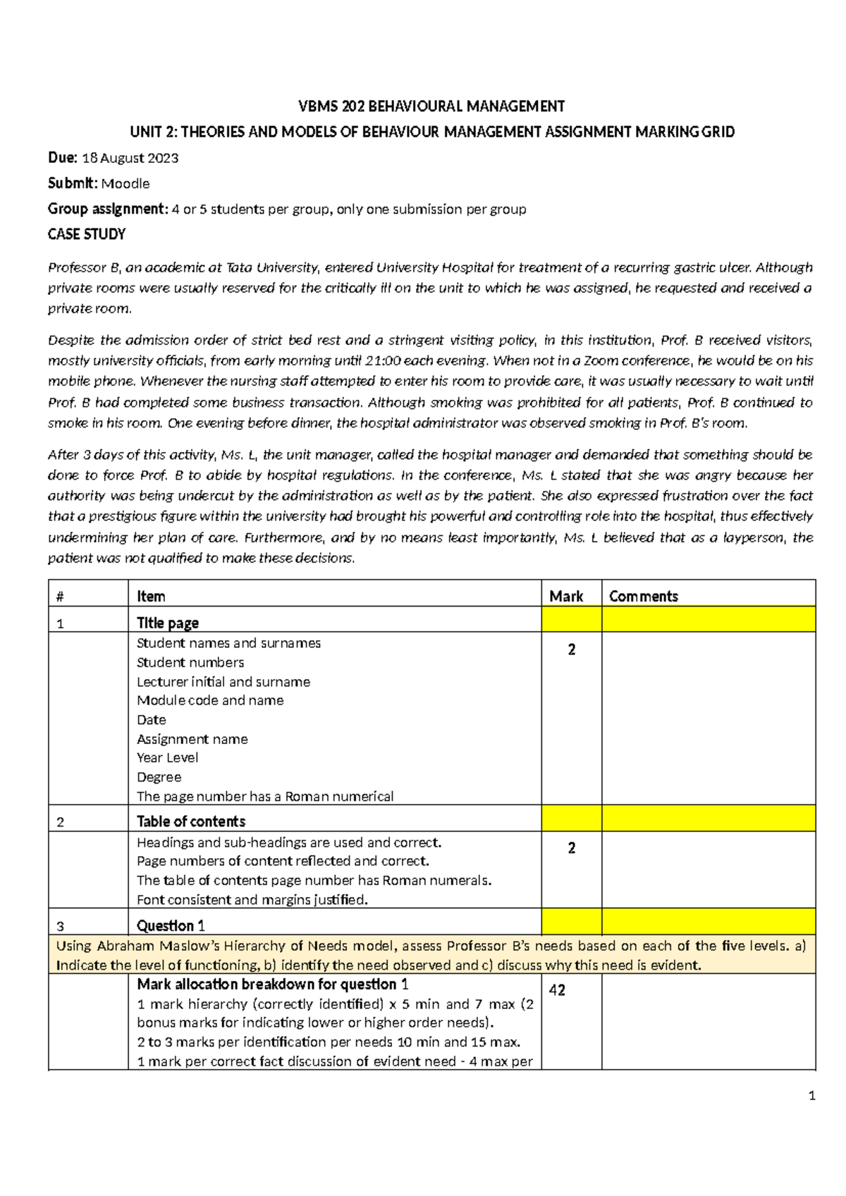 VBMS202 Unit 2 Behavioral Management Assignment Marking Grid 2023 - Studocu