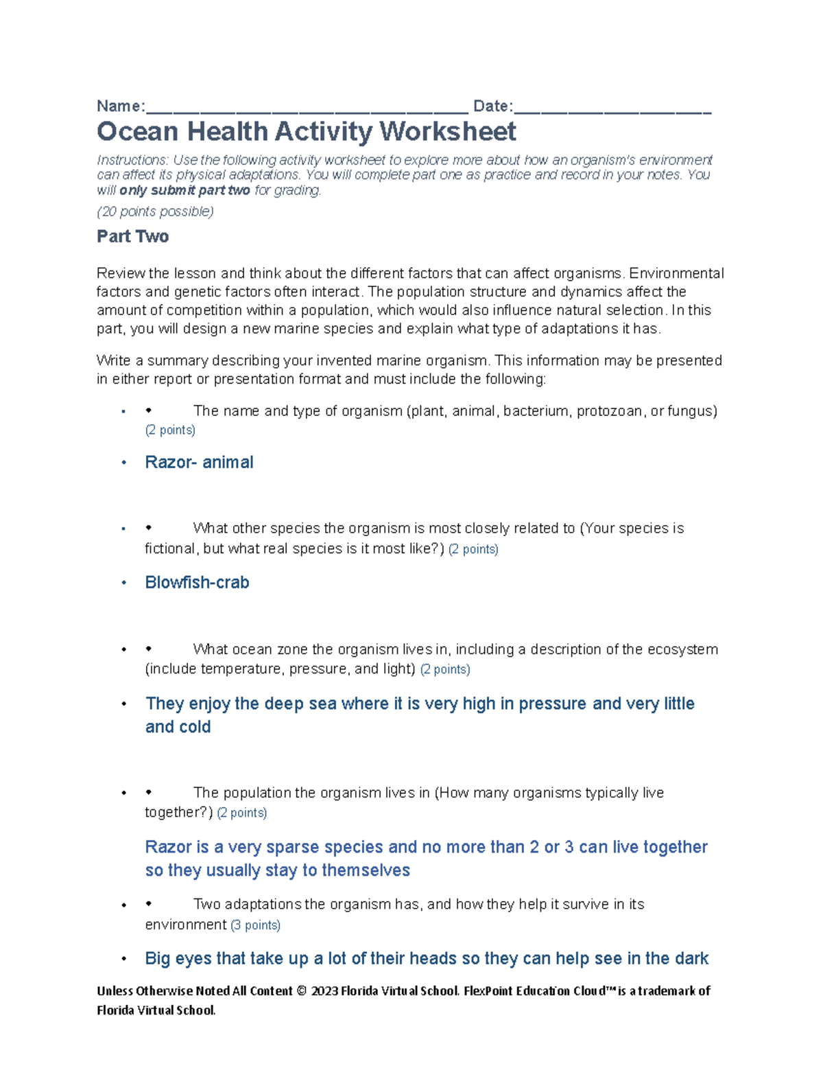 Ocean health worksheet - Name:____________________________________ Date