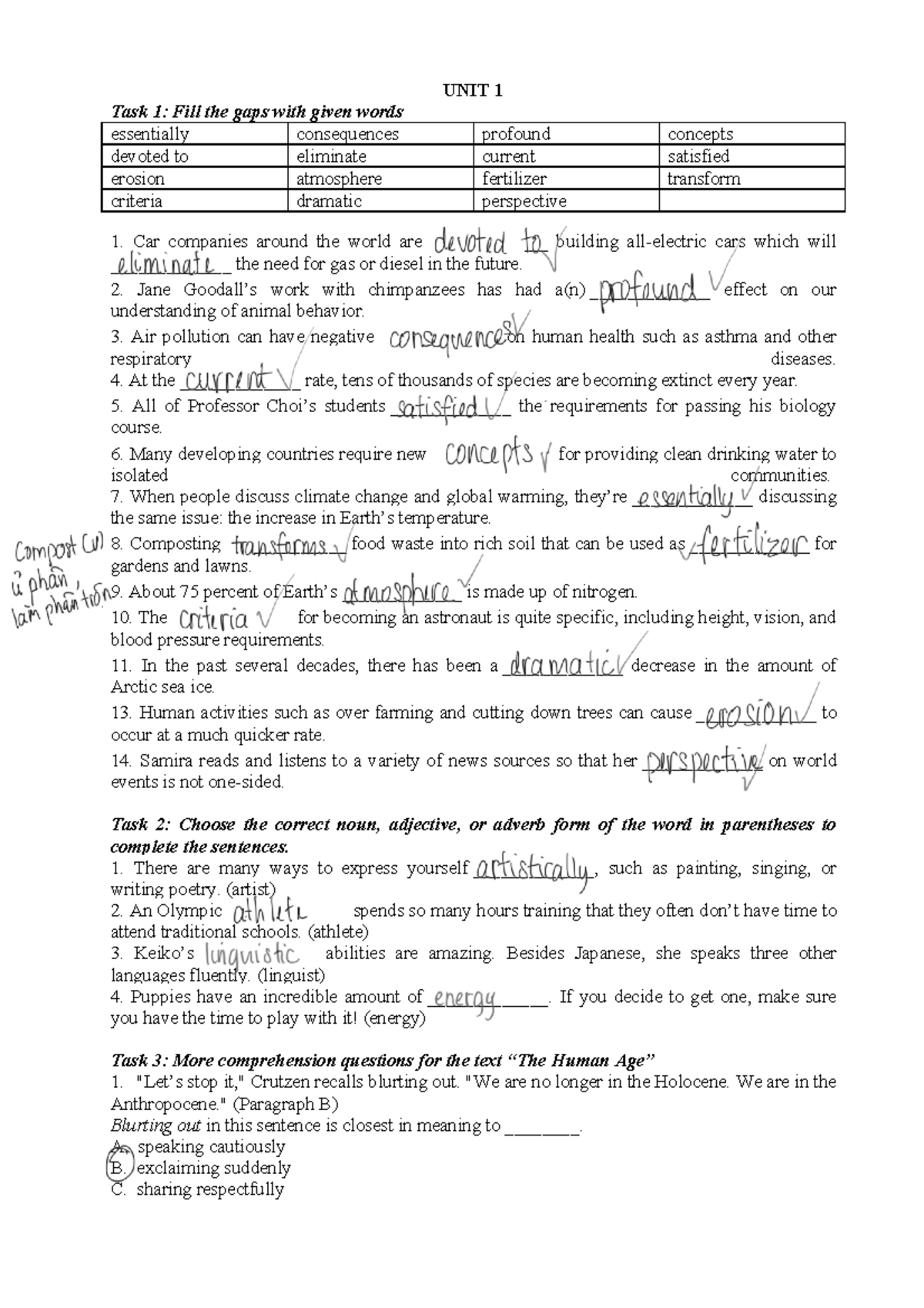UNIT 1 Task 1: Vocabulary Fill-in-the-Gaps & Comprehension Questions ...