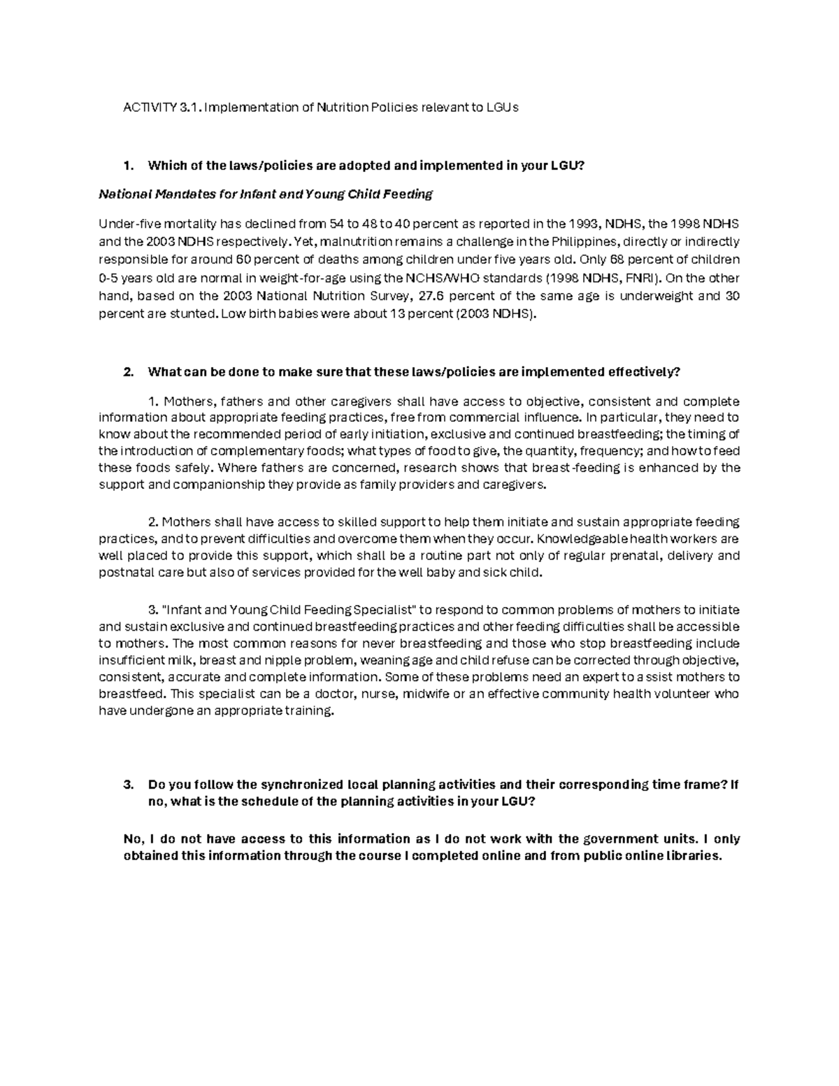 Activity 3.1: Implementing Nutrition Policies for LGUs Action Plan ...