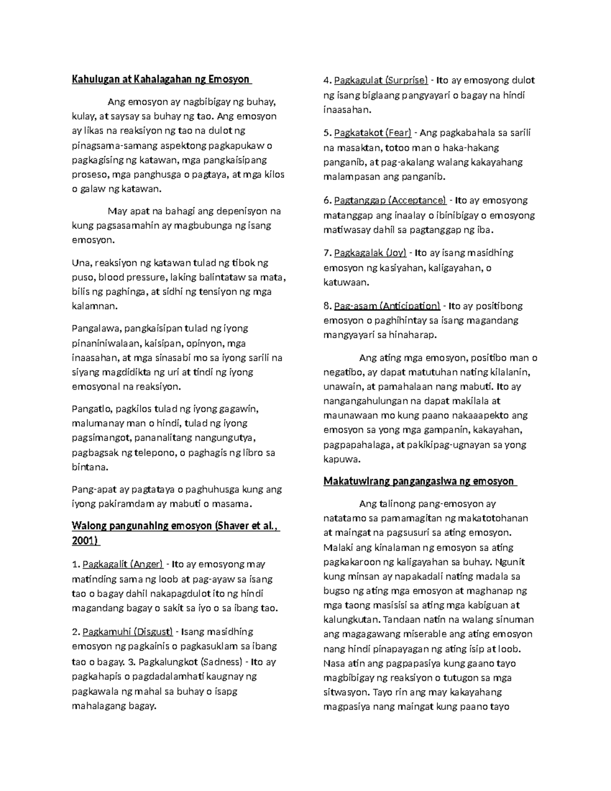 ESP-Lecture: Kahulugan at Kahalagahan ng Emosyon sa Buhay - Studocu