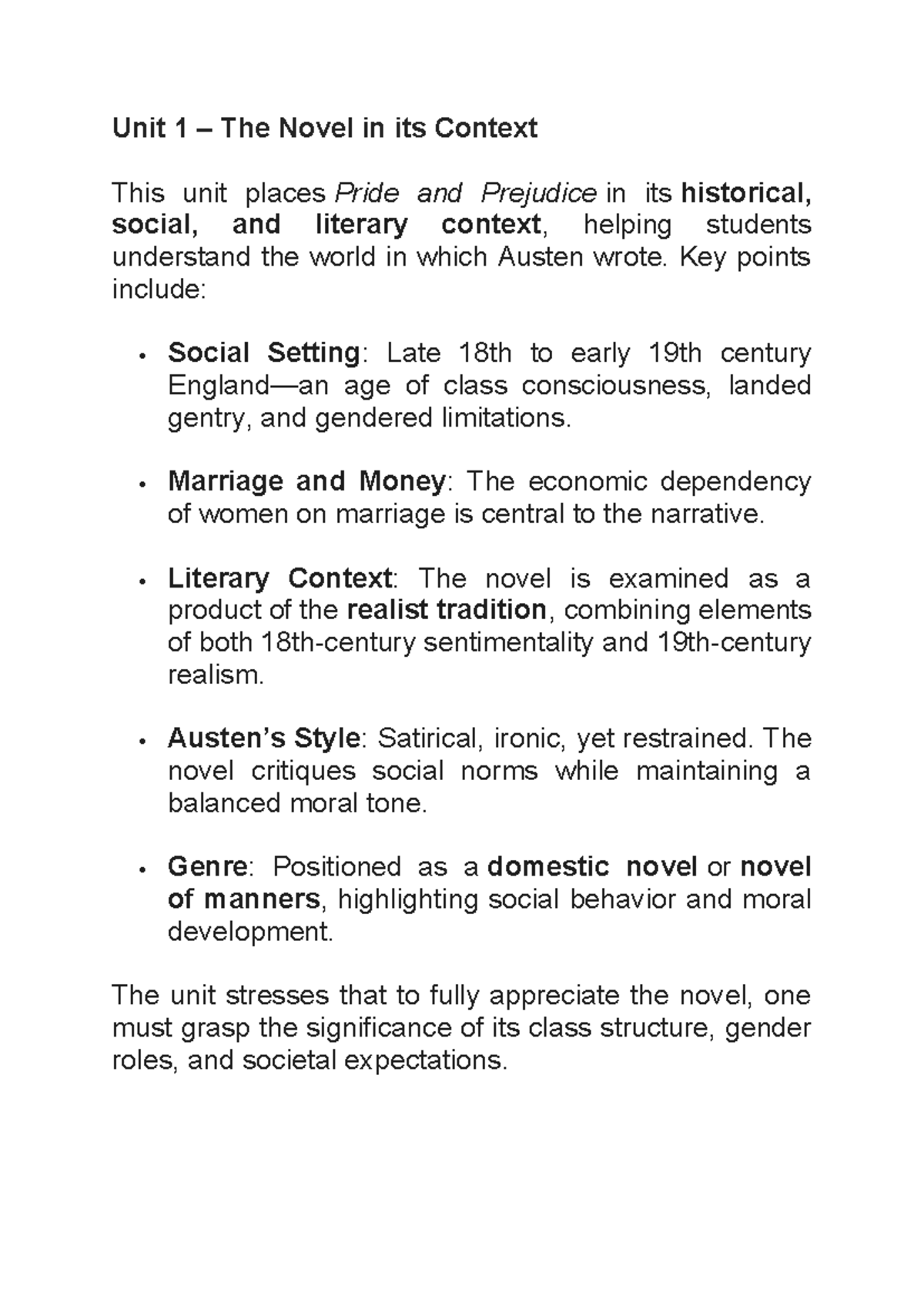 Pride & Prejudice Units 1-3: Context & Themes Overview - Studocu