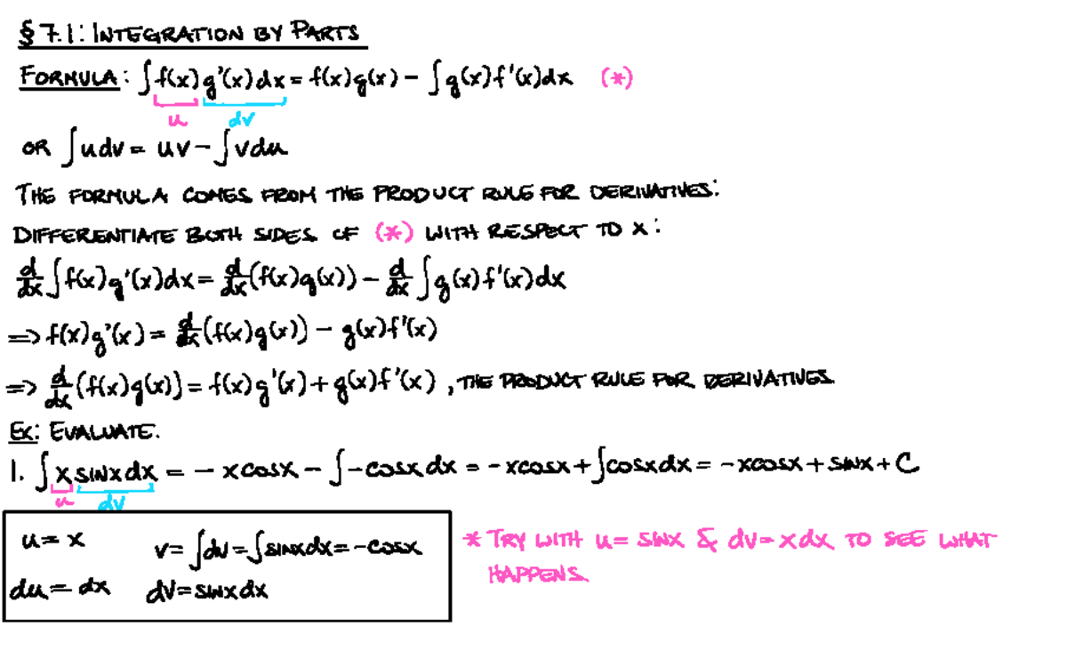 S7.1: Integration by Parts - Formula and Examples - Studocu