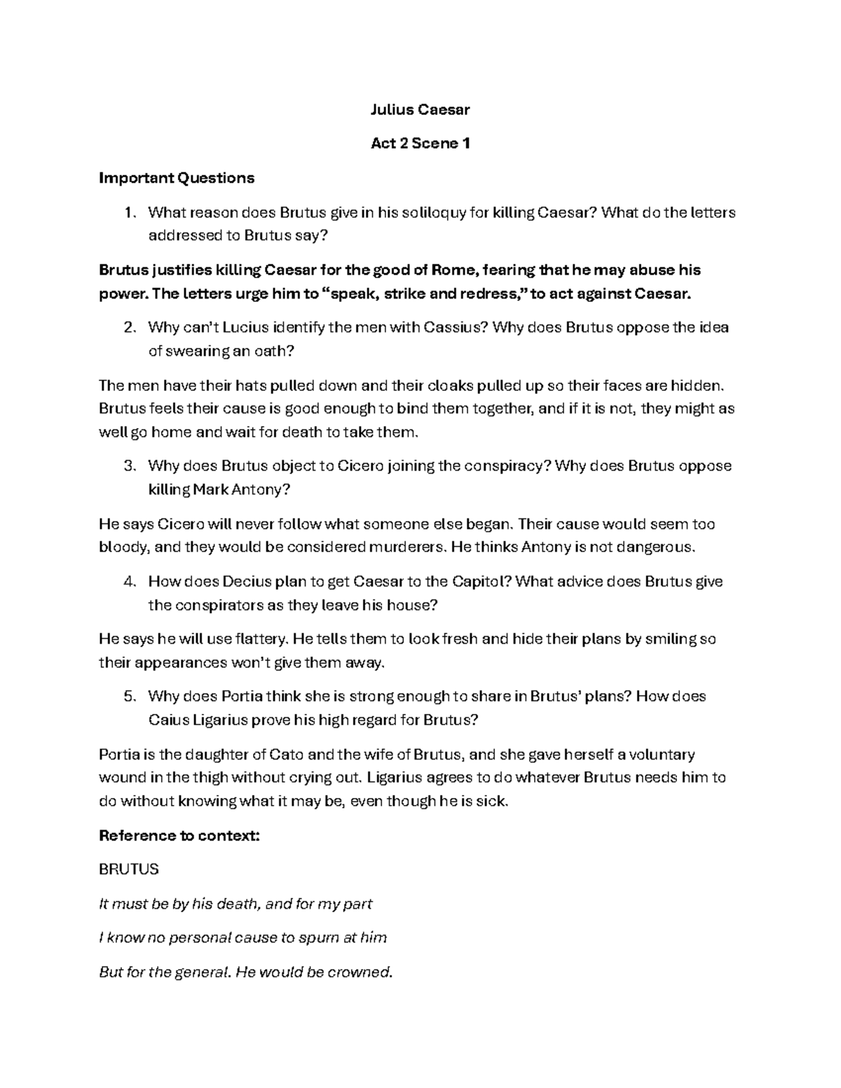 Julius Caesar Act 2 Scene 1 Key Questions and Analysis - Studocu